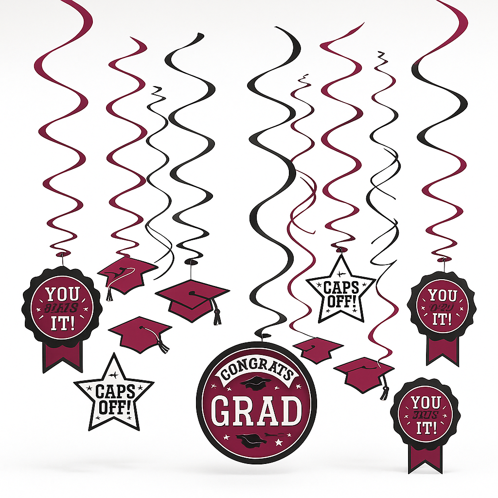 Maroon "Congrats Grad" Swirl Hanging Decorations - 12 Pack